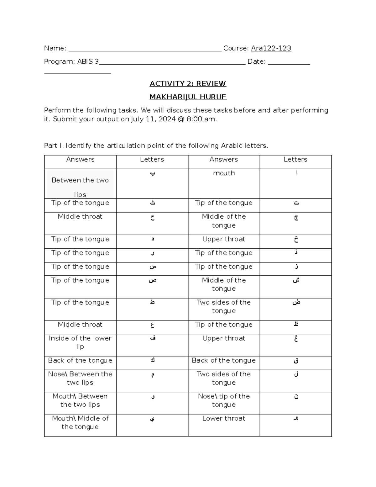 ABIS 3: Activity 2 - Review of Makhārij al-Ḥurūf (Ara122-123) - Studocu