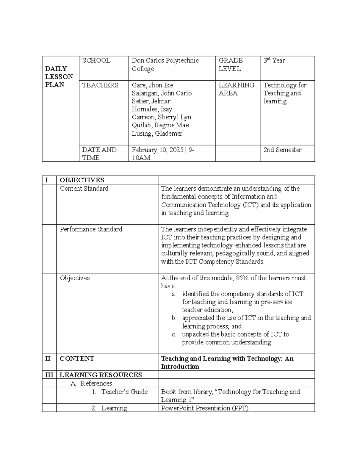 DAILY LESSON PLAN: ICT Integration in Teaching (DLP TLw T) - Studocu