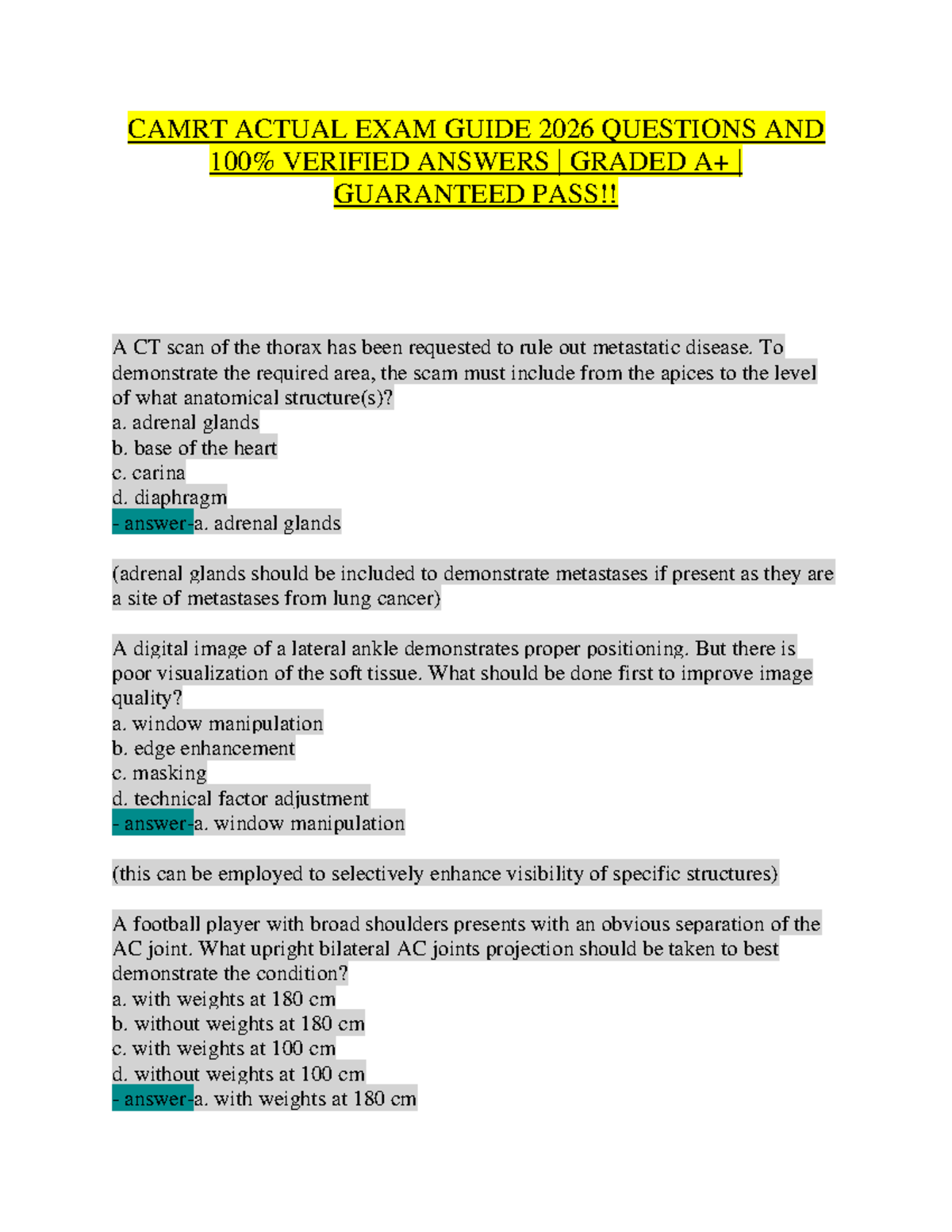 CAMRT ACTUAL EXAM GUIDE 2026: QUESTIONS & VERIFIED ANSWERS - Studocu