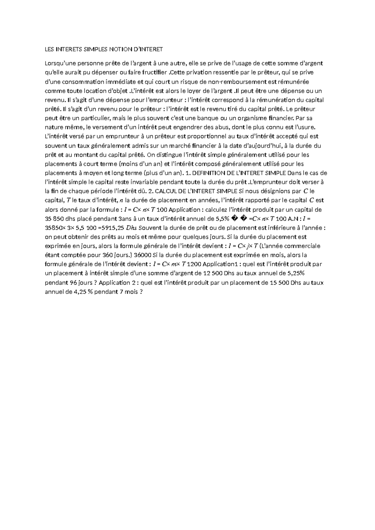 LES Interets Simples Notion D - LES INTERETS SIMPLES NOTION D’INTERET ...