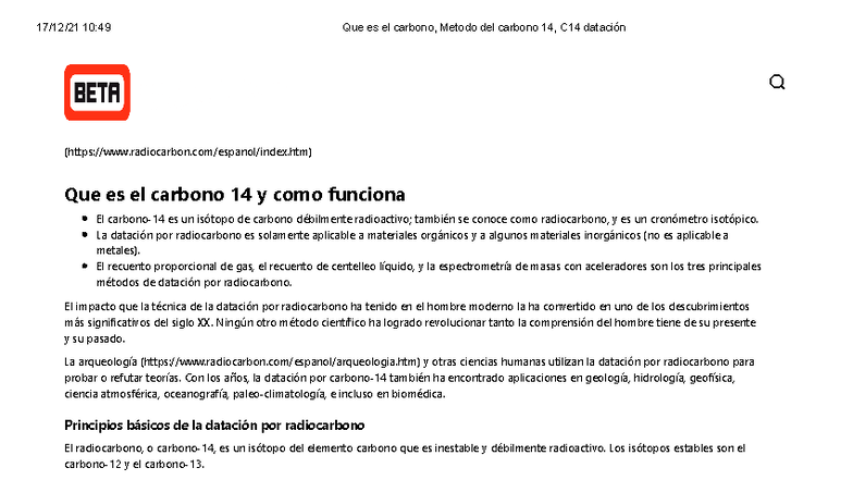 C14: Métodos y Principios de la Datación por Carbono 14 - Studocu