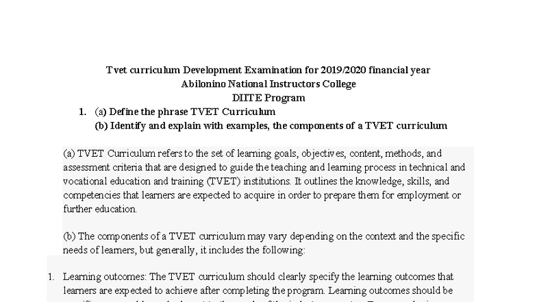 TVET Curriculum Development Exam 2020 - Abilonino National Instructors ...