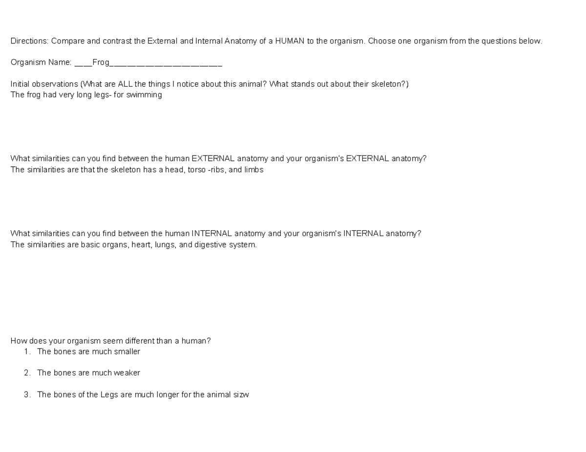 B IS3 L1: Compare & Contrast Human vs Frog Anatomy Analysis - Studocu