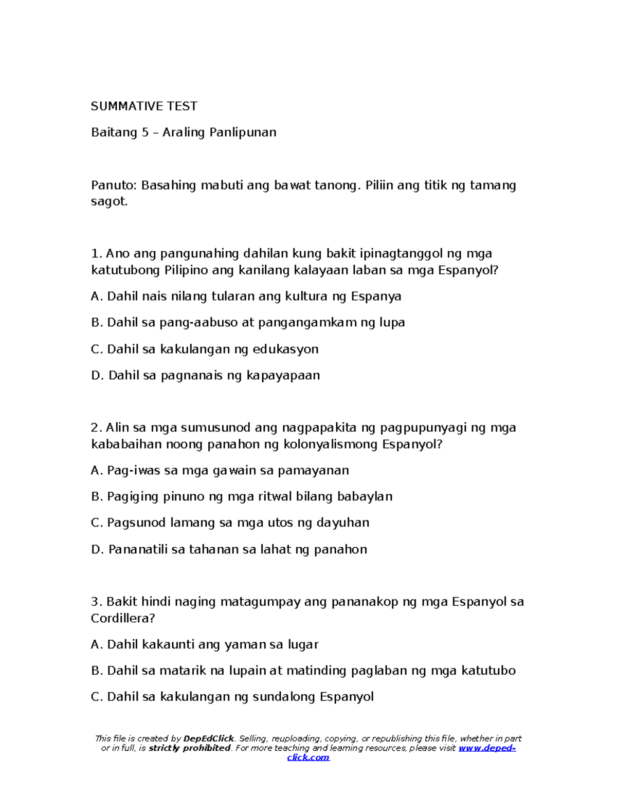 Grade 5 AP Summative Test: Araling Panlipunan Q3 - Studocu