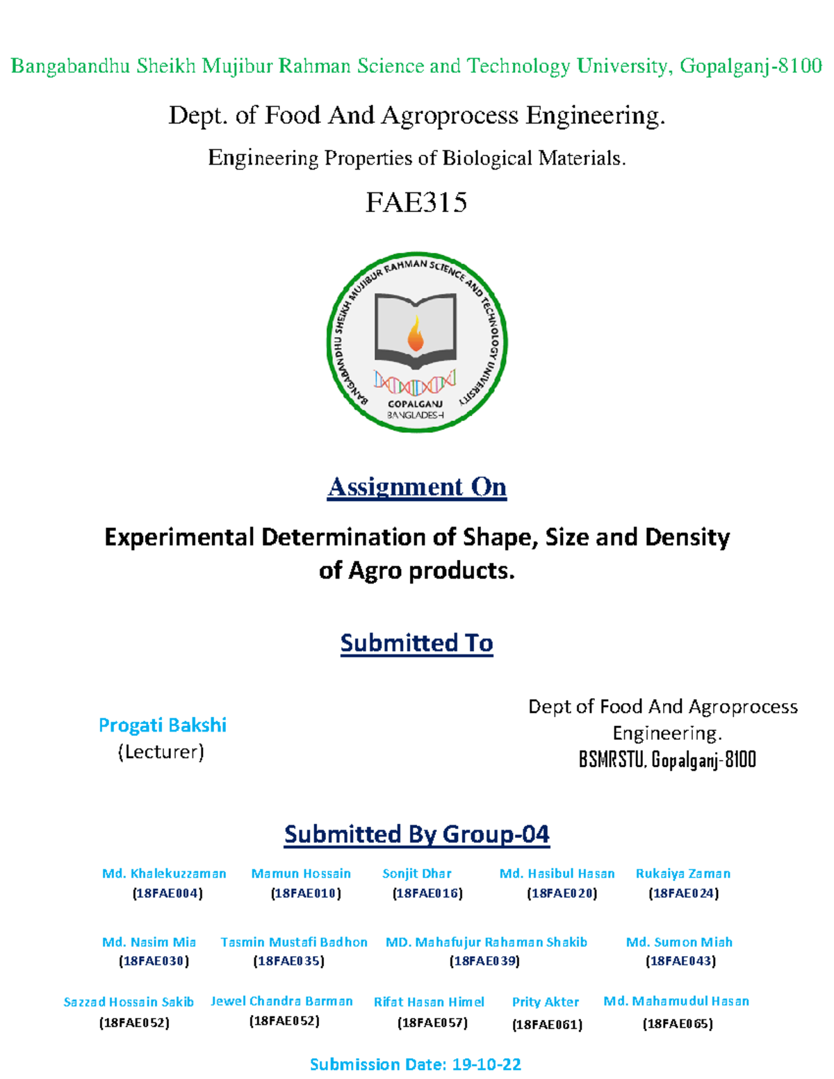 Experimental Study of Size, Shape & Density of Agro Products (FAE ...