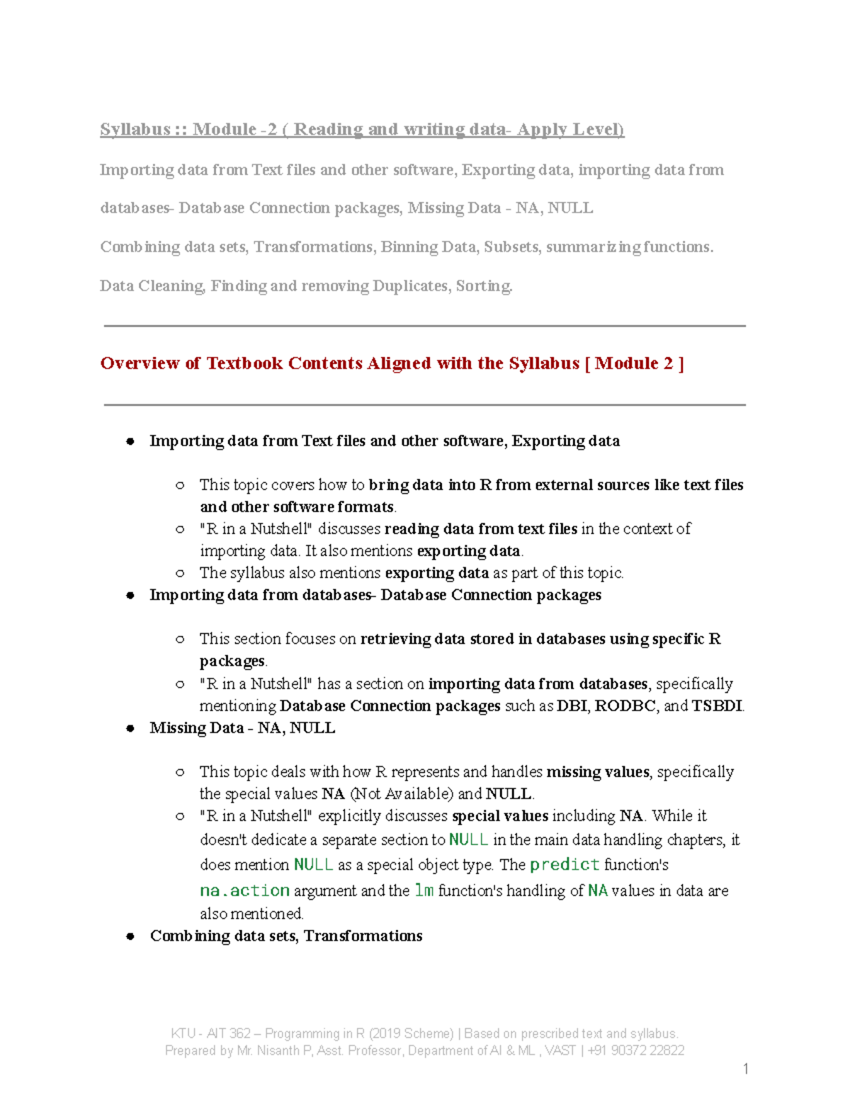 KTU AIT 362 Programming in R: Module 2 Syllabus Overview and Data ...