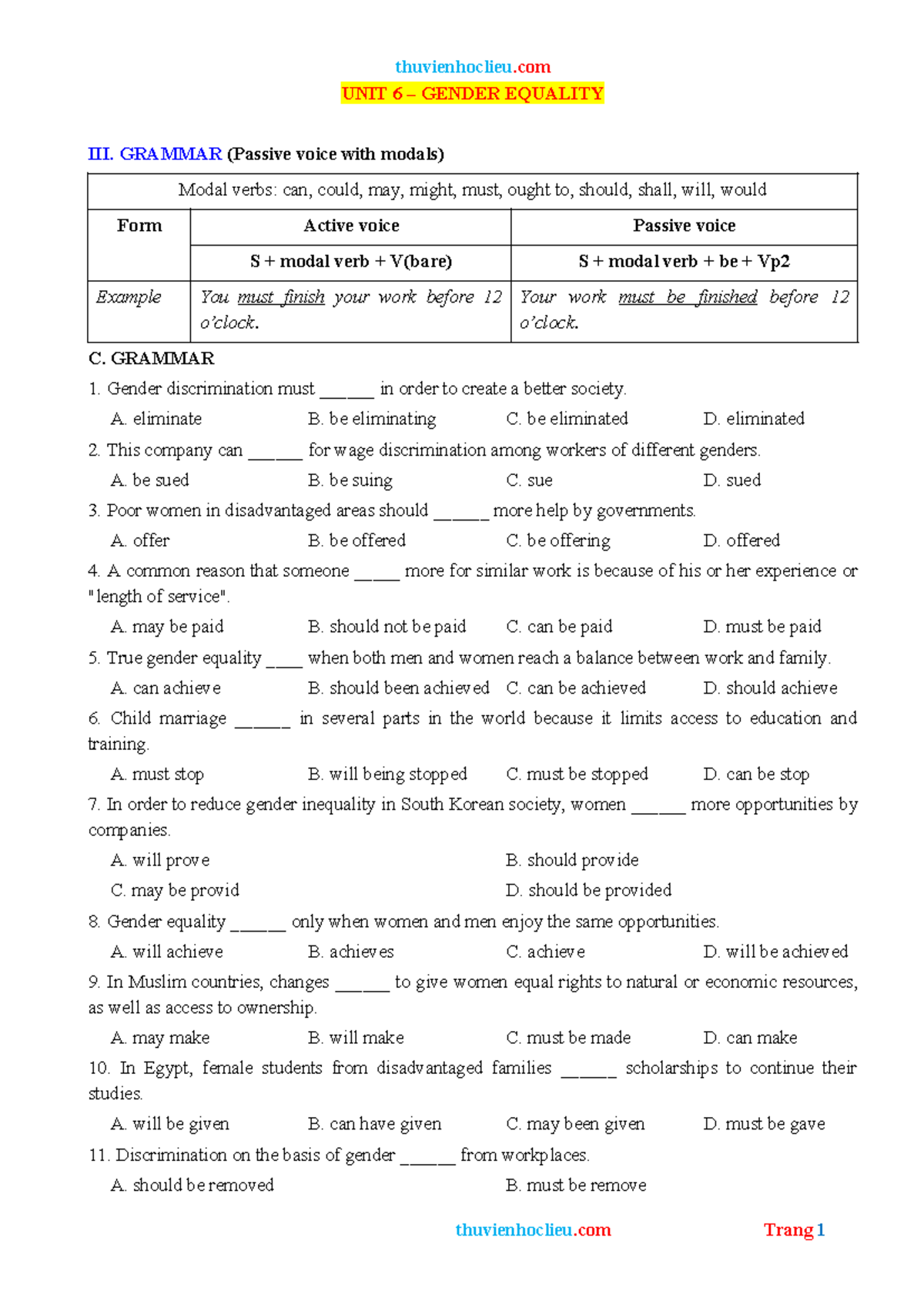 Unit 6 - Gender Equality Grammar (Passive Voice with Modals) - Studocu
