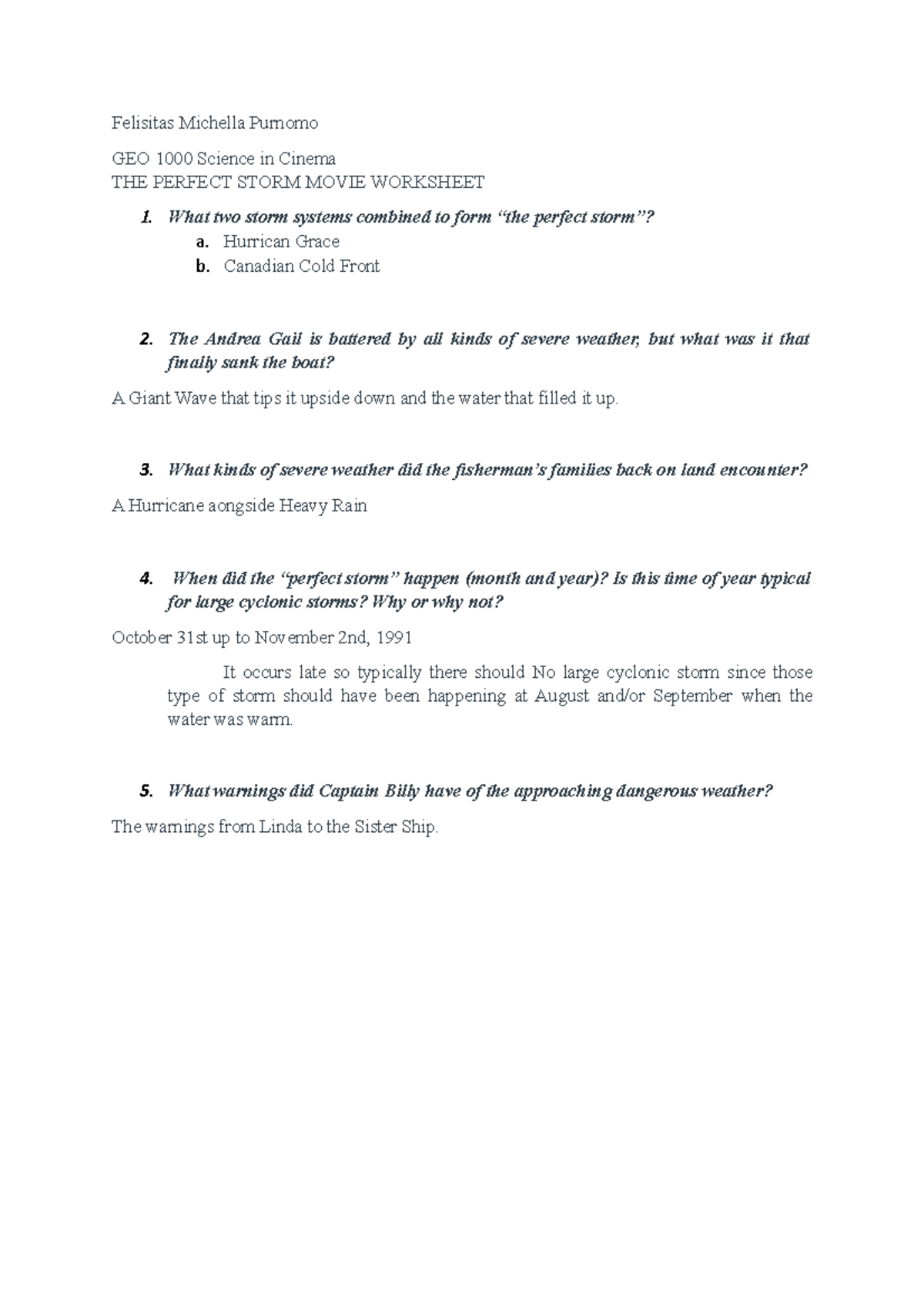 GEO 1000 Perfect Storm Movie Worksheet & Analysis - Studocu