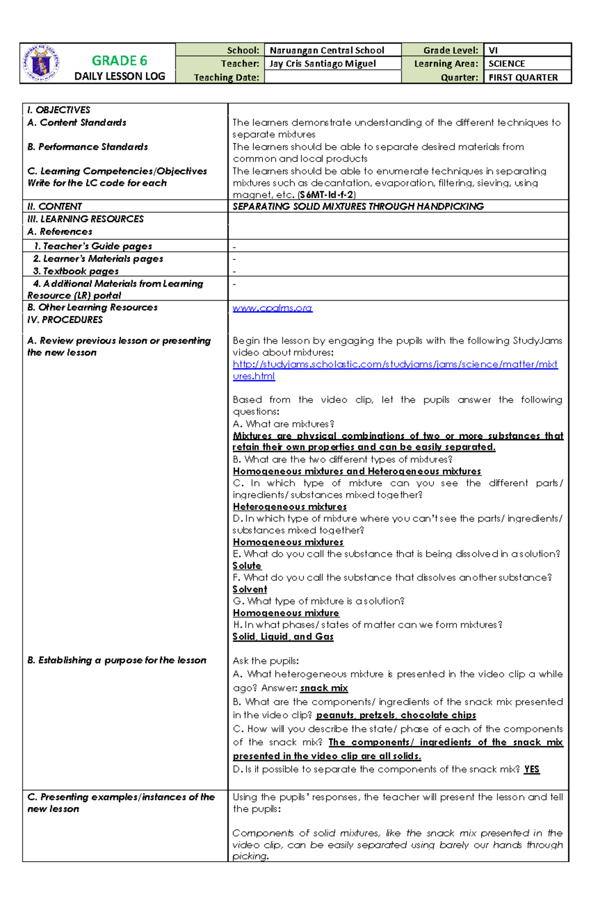 Grade 6 - Lesson on Separating Mixtures: Handpicking, Sieving ...
