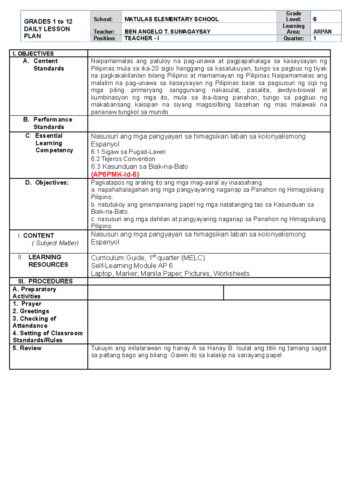 Daily Lesson Plan for ARPAN Grade 6 (1st Quarter) - Matulas ES - Studocu