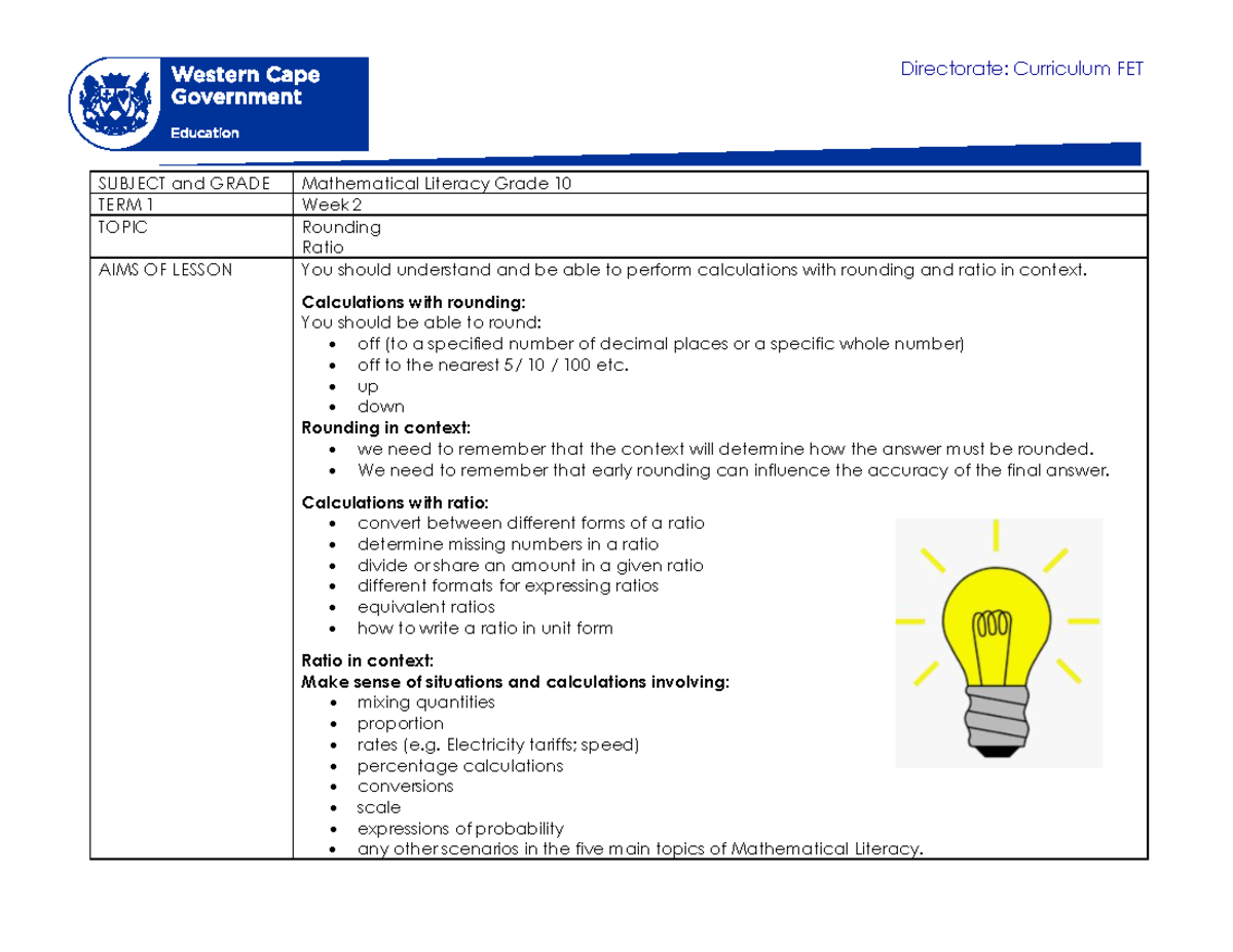 Mathematical Literacy G10 Term 1 Wk 2: Rounding & Ratio Concepts - Studocu