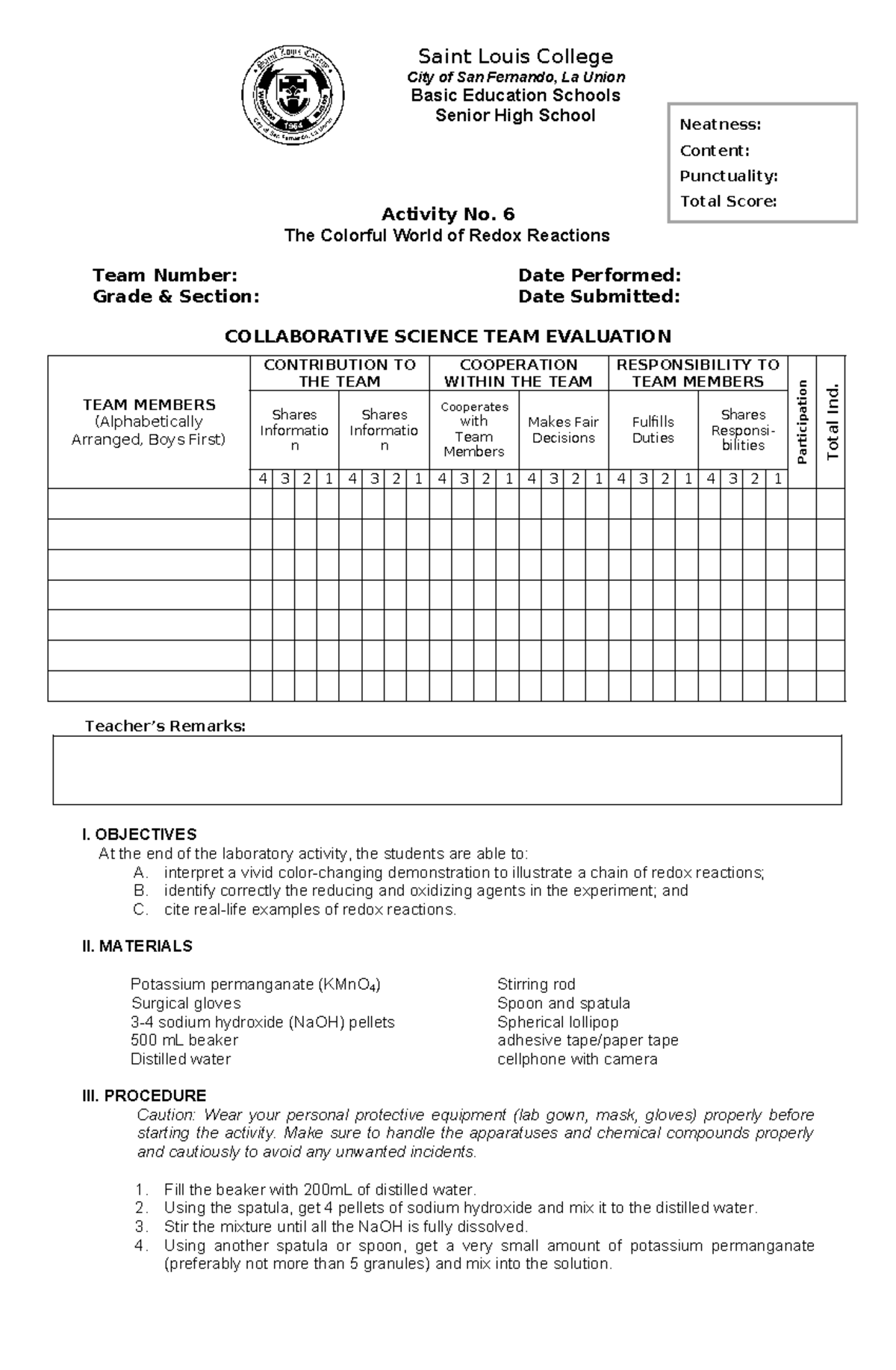 CHRM 101: Lab Activity Report on Redox Reactions - Studocu