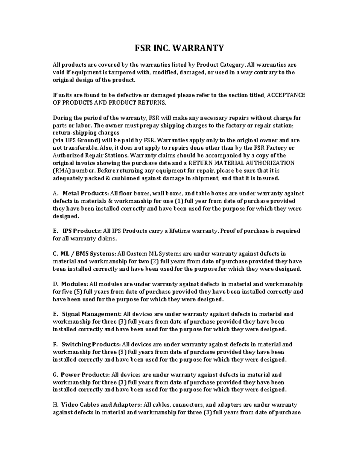 FSR INC. Product Warranty Information and Coverage Details - Studocu