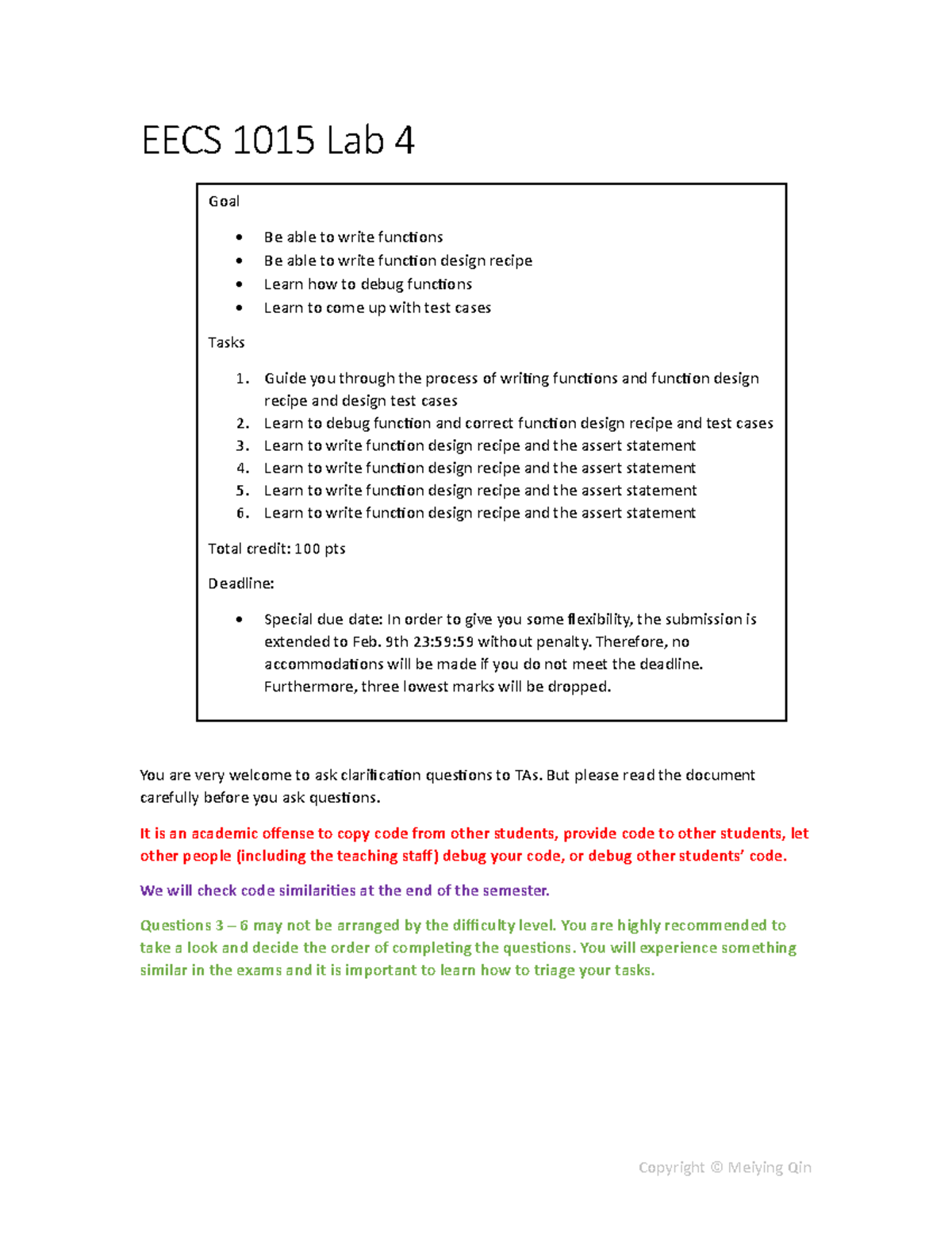 EECS 1015 Lab 4 - Functions and Design Recipe Guide - Studocu