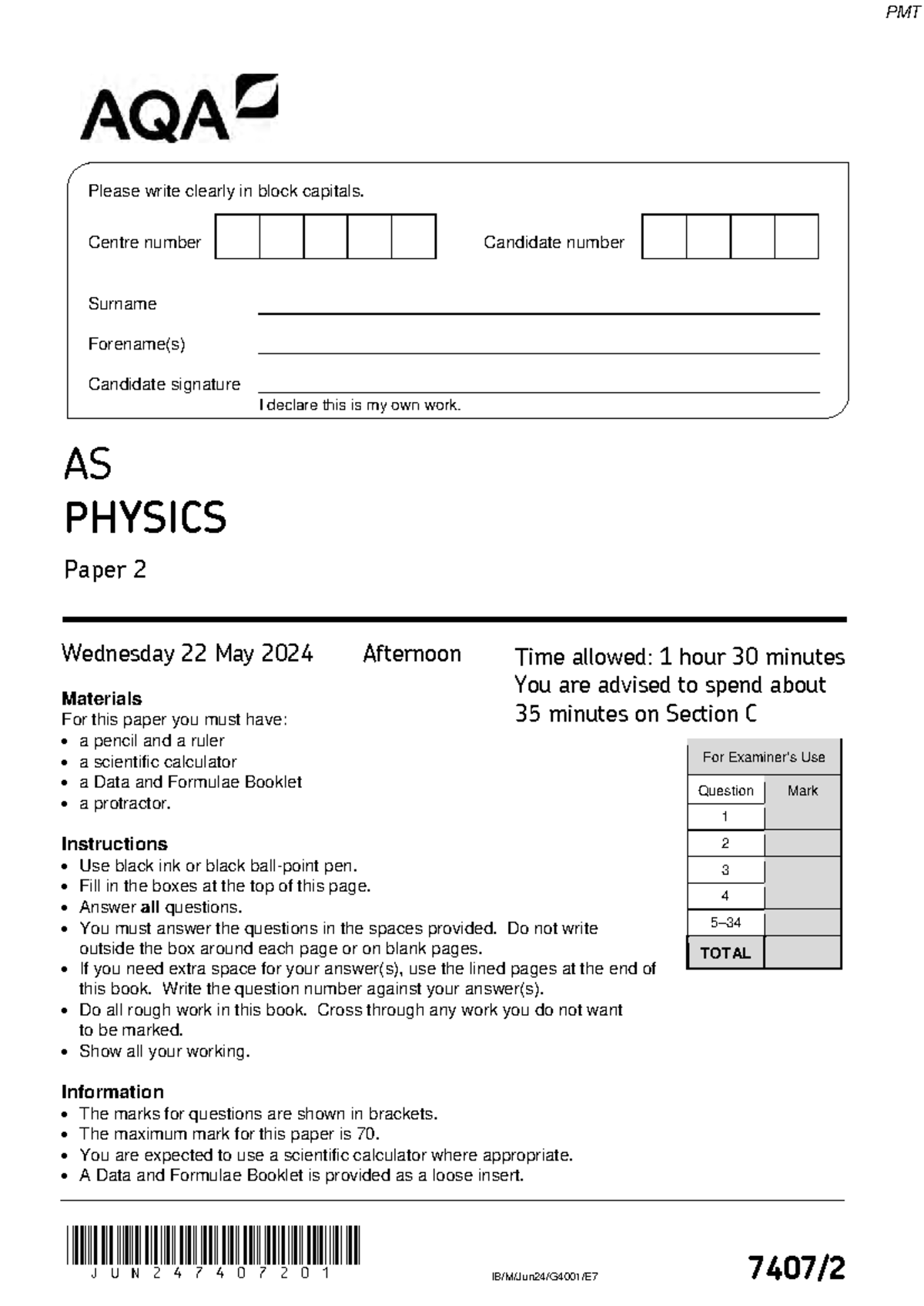 AS PHYSICS Paper 2 June 2024 Question Paper - Studocu