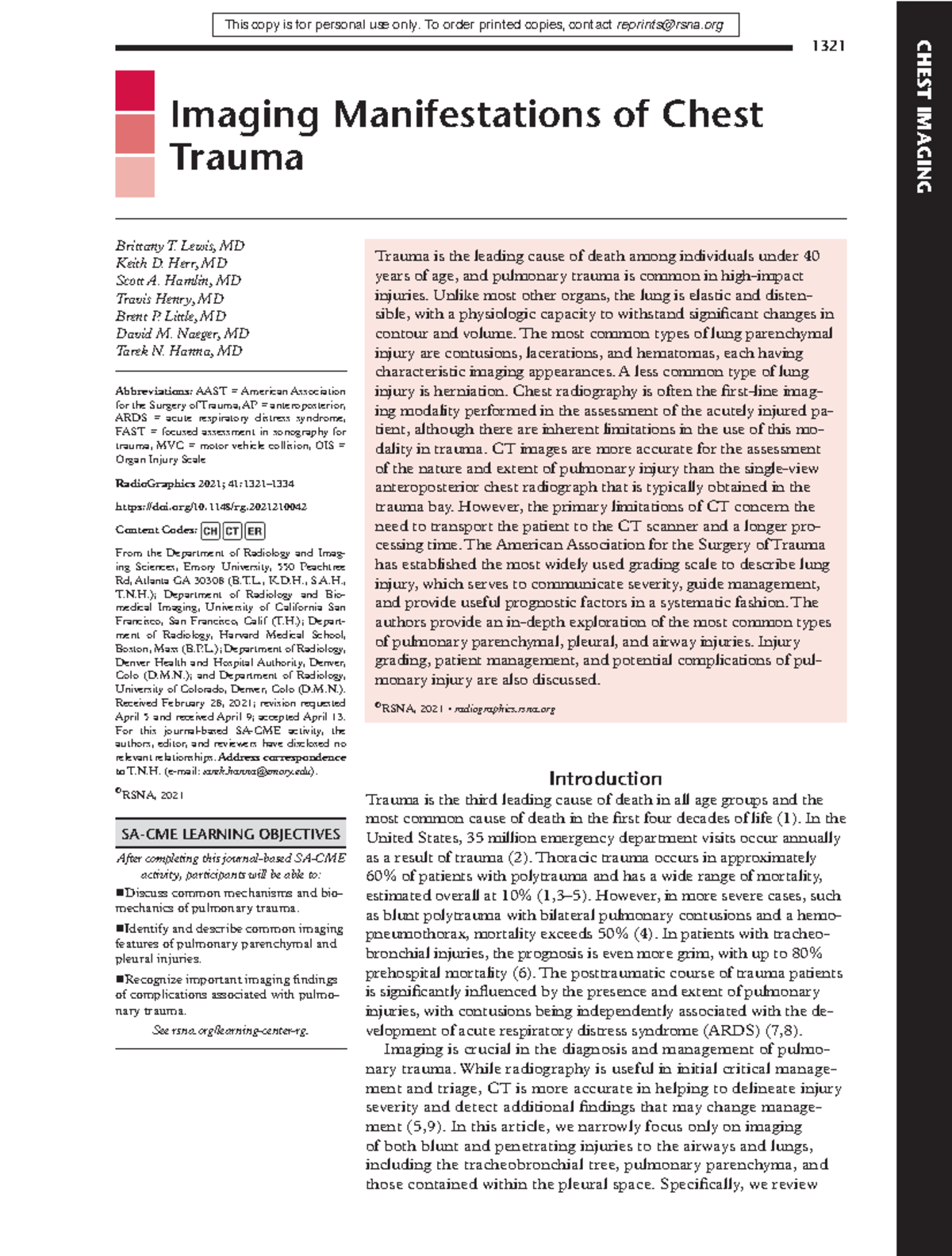 Imaging Manifestations of Chest Trauma - CHEST IMAGING 1321 Imaging ...