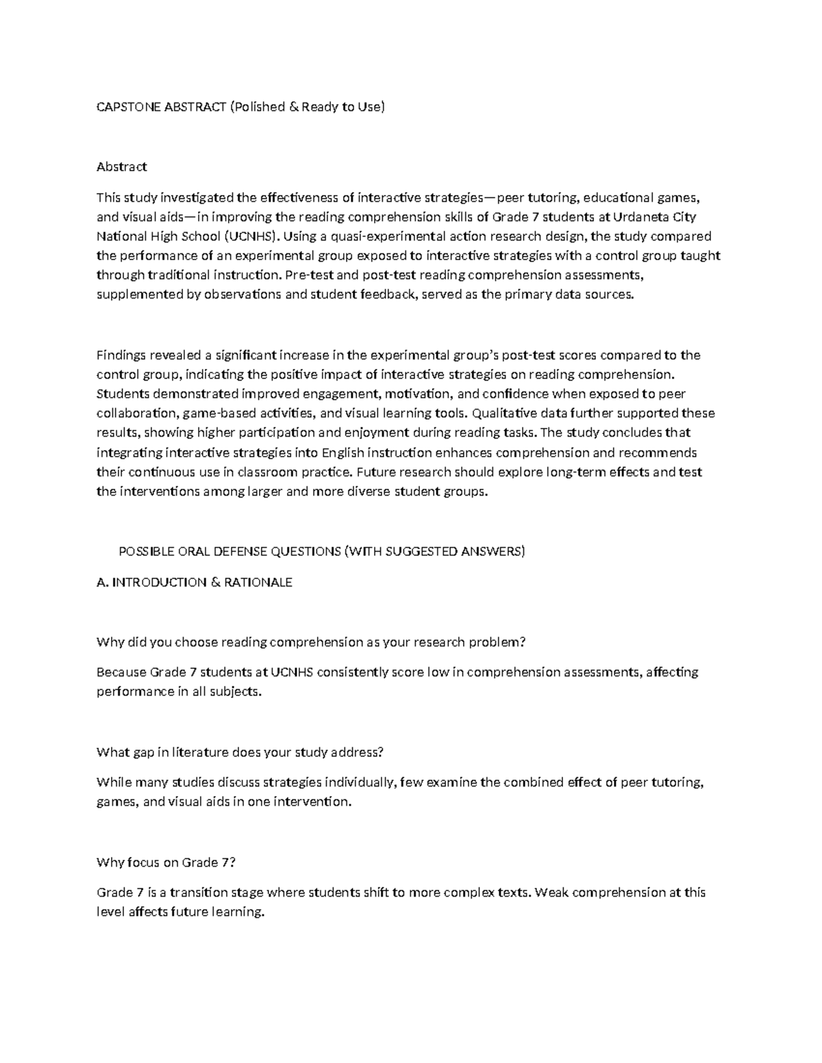CAPSTONE ABSTRACT: Enhancing Grade 7 Reading Comprehension through ...