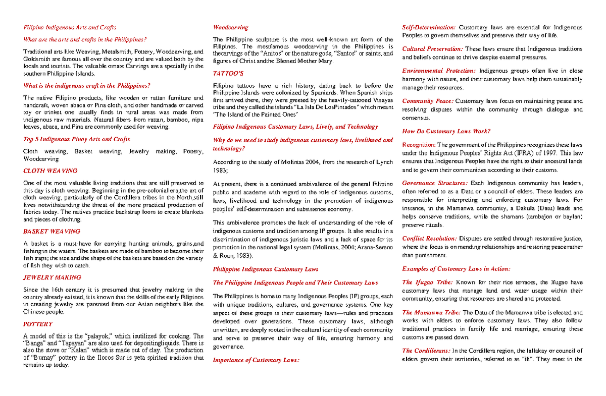 Filipino Indigenous Arts & Crafts: Woodcarving & Customary Laws - Studocu