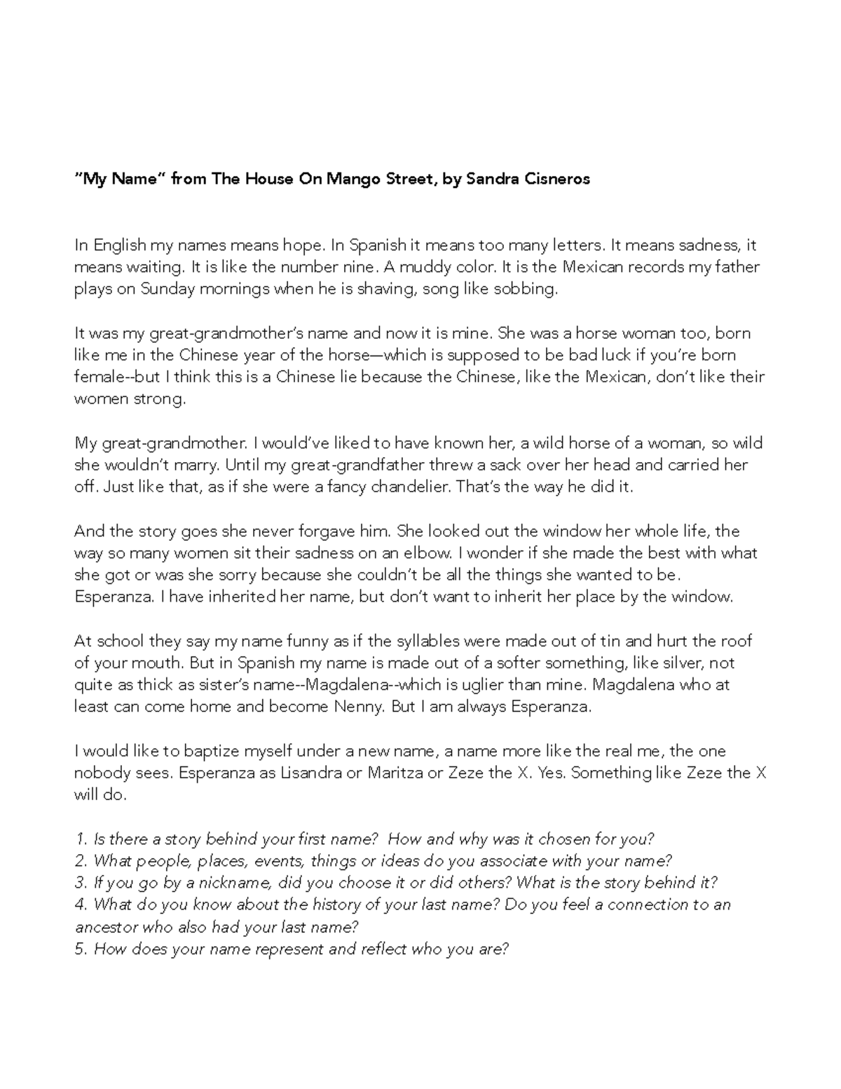 My Name: Poetic Reflections on Identity - Cisneros Analysis - Studocu