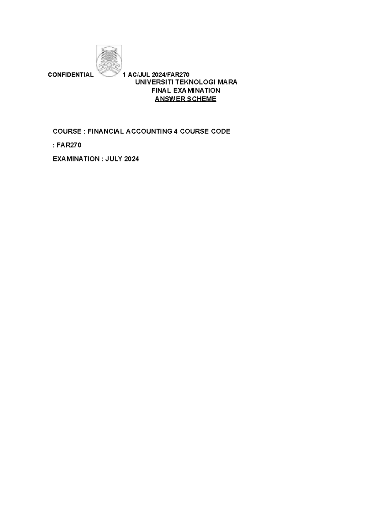 FAR270 FINAL EXAMINATION ANSWER SCHEME - JULY 2024 - Studocu
