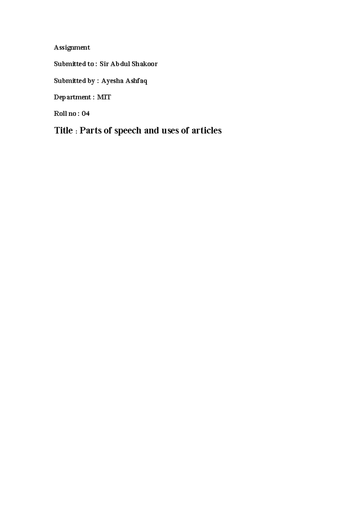 English Assignment 1: Parts of Speech & Articles MCQs - Studocu