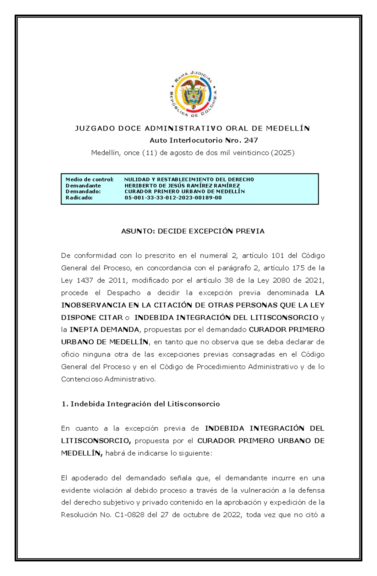 Auto Interlocutorio Nro. 247 - Juzgado 12 Administrativo Oral Medellín ...