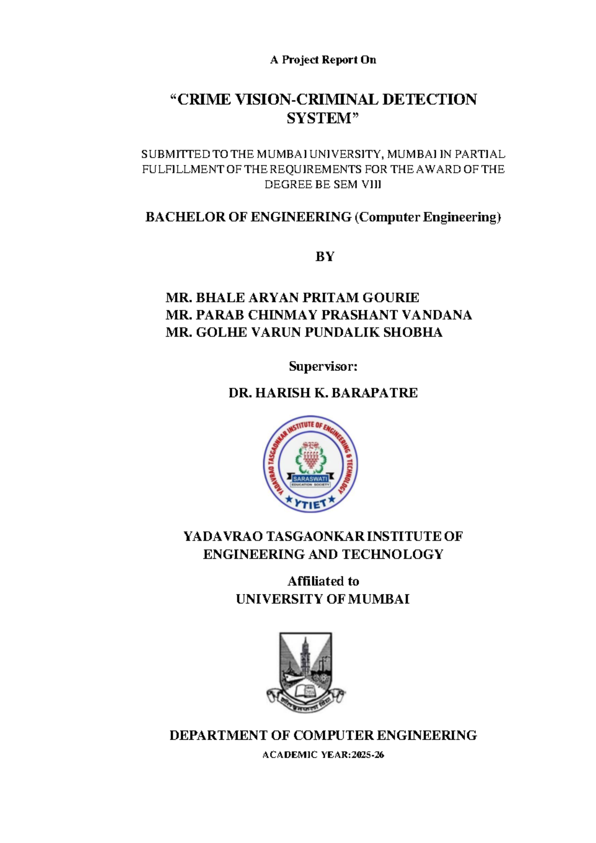 B.E. SEM Project Report: Crime Detection System for Mumbai University ...