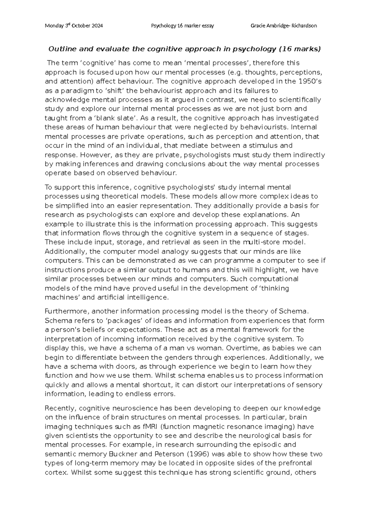 Psychology 16 Marker Essay: Evaluating the Cognitive Approach - Studocu