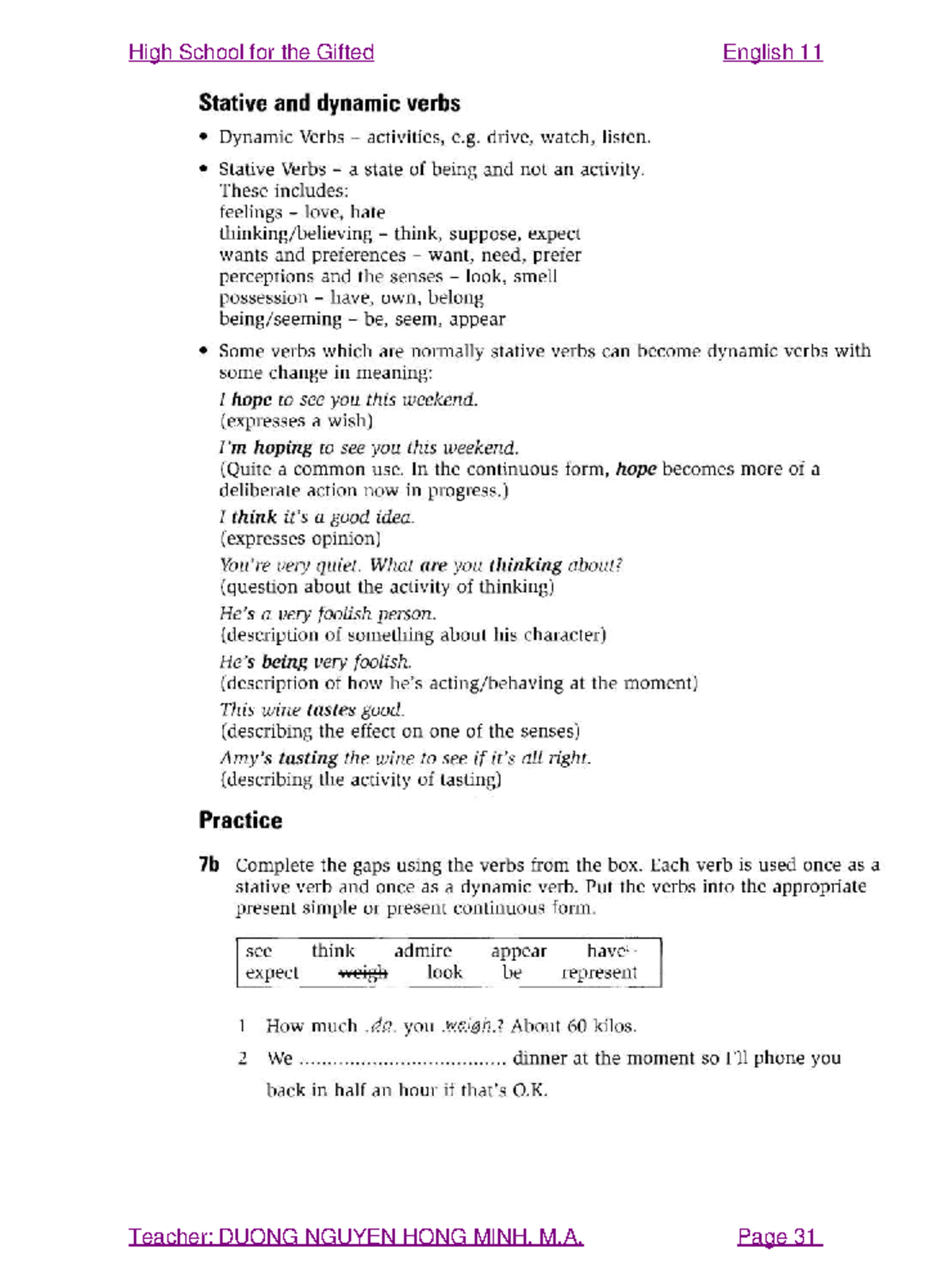 English 11: Understanding State and Linking Verbs - U3 Notes - Studocu