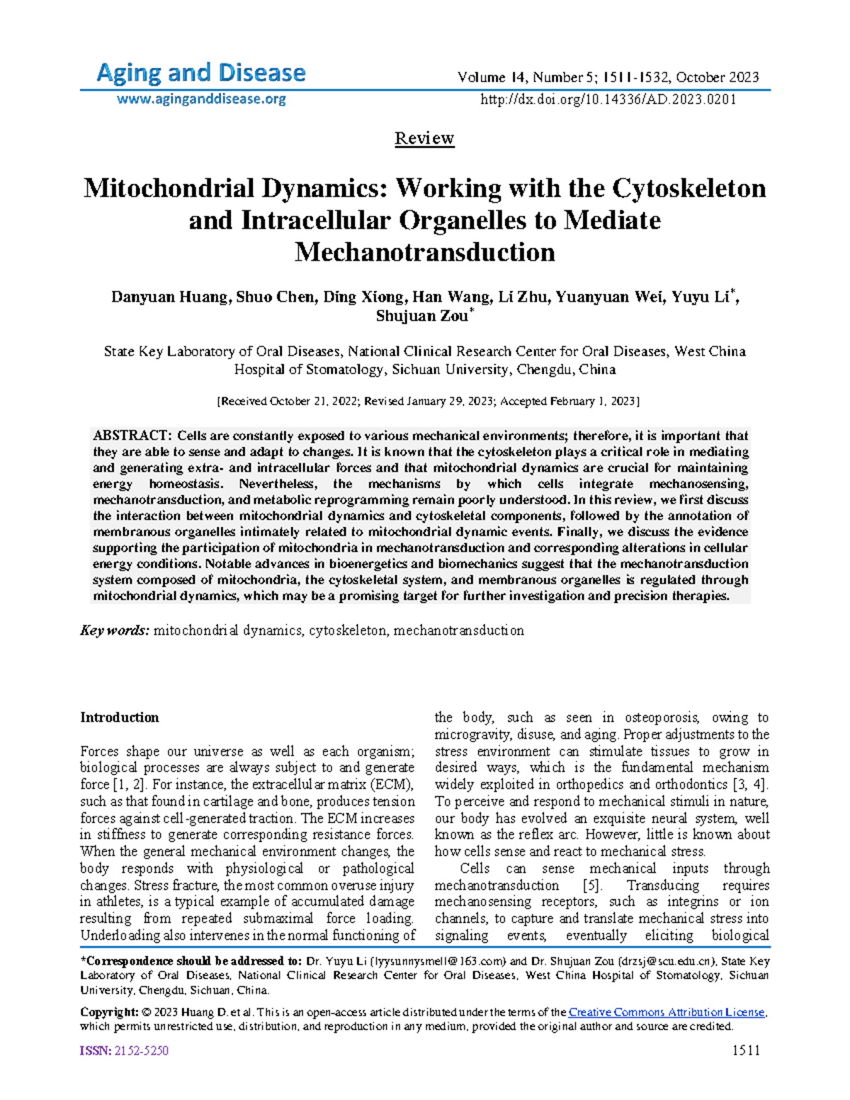 Mitochondrial Dynamics and Mechanotransduction: Insights and Advances ...
