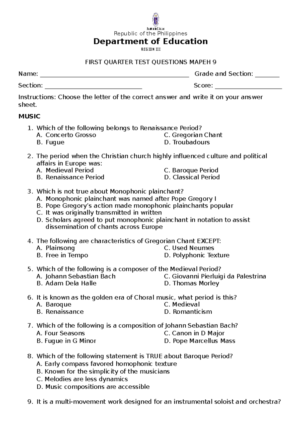 Grade 9 First Quarter Test Questions for MAPEH 9 - Studocu