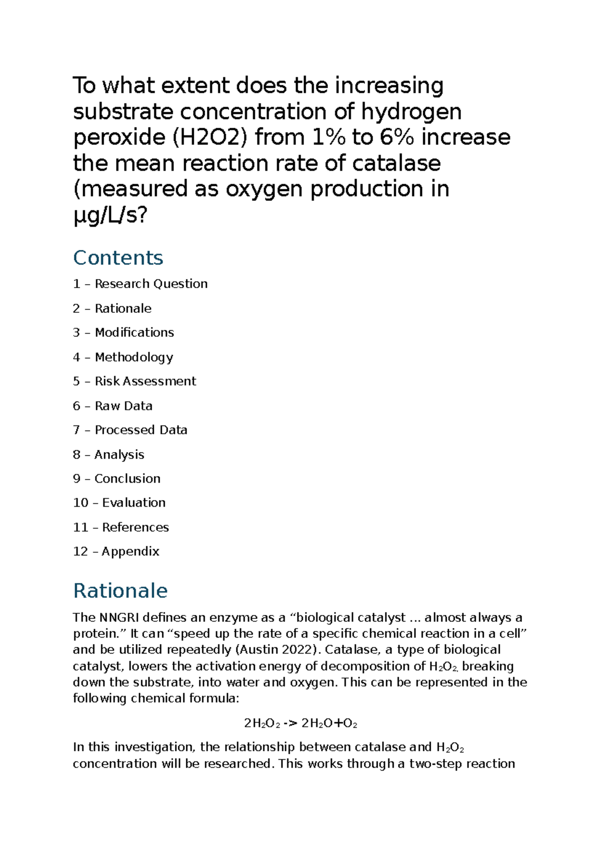 Biology Final Research Investigation: Effect of H2O2 Concentration on ...