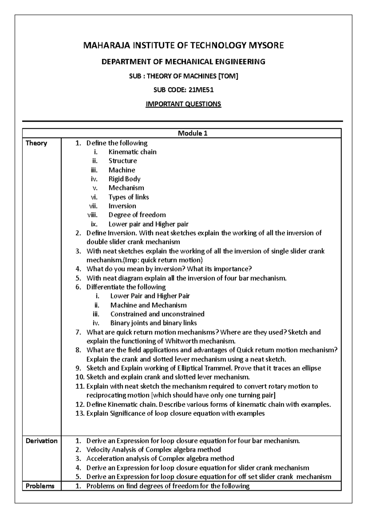 TOM 21ME51 Important Questions Summary for Theory of Machines - Studocu
