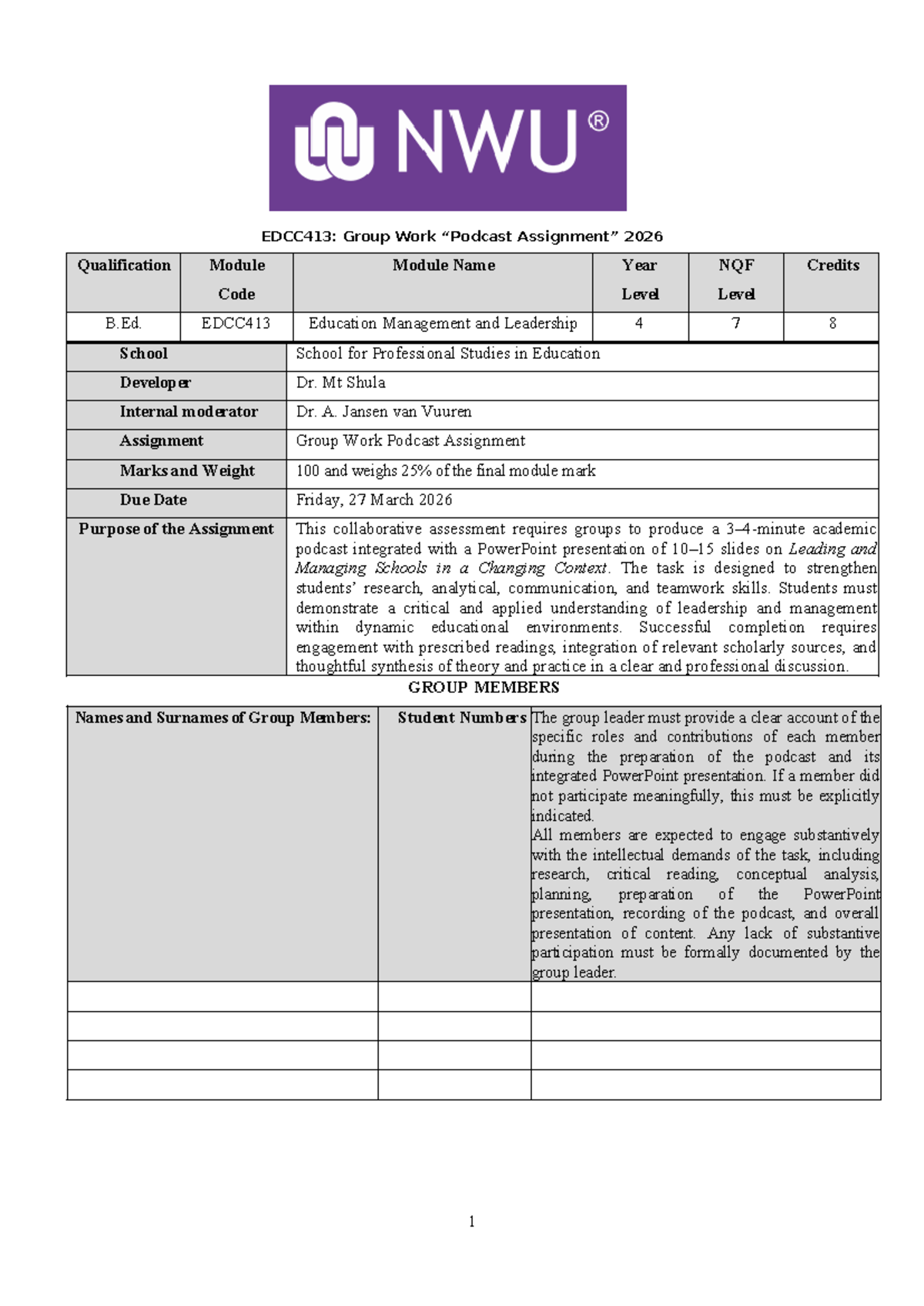 EDCC413: Group Work Podcast Assignment on School Leadership - Studocu