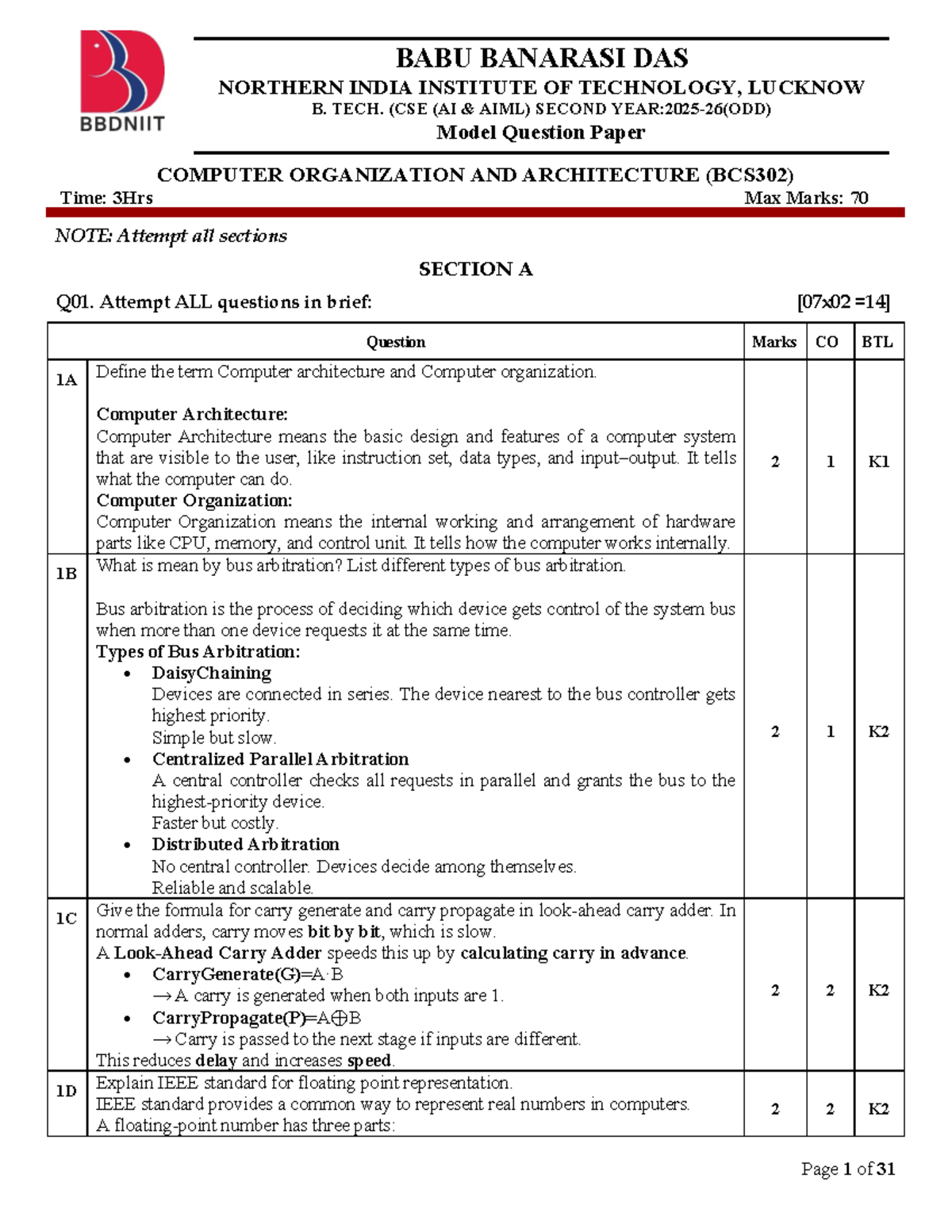 COA (BCS302) Model Question Paper: Computer Organization & Architecture ...