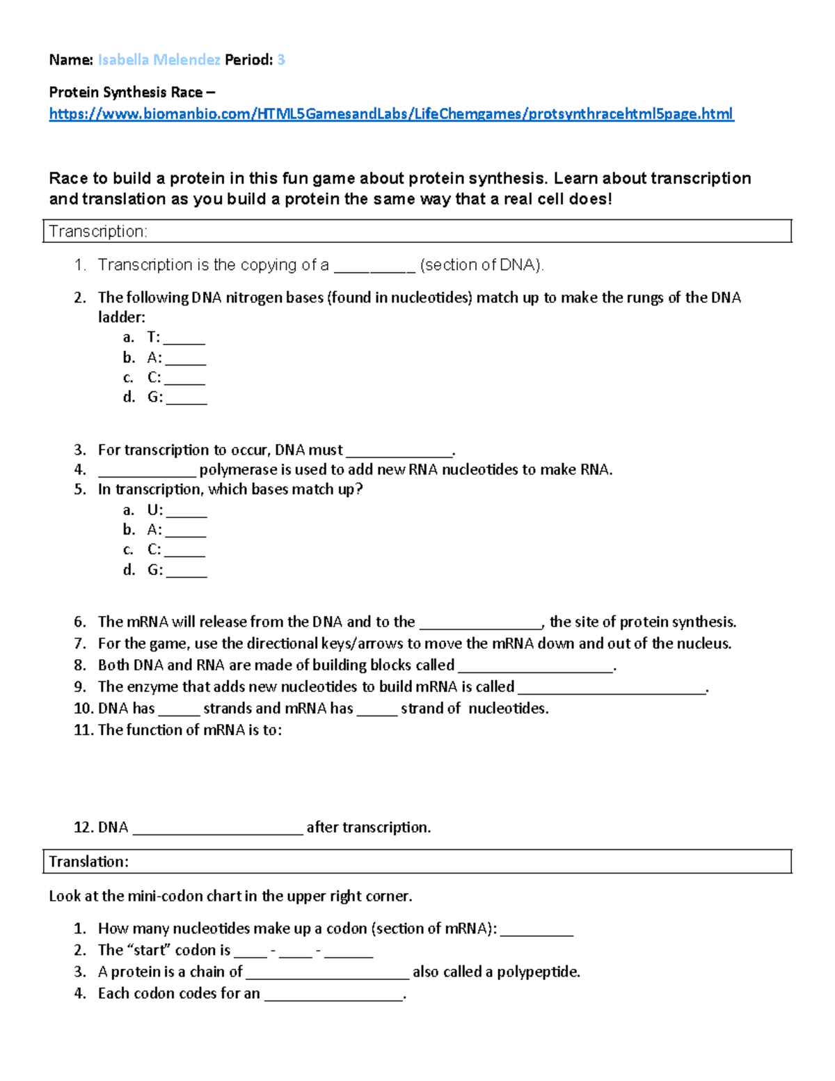 Protein Synthesis Race: Virtual Lab Worksheet (Period 3) - Studocu