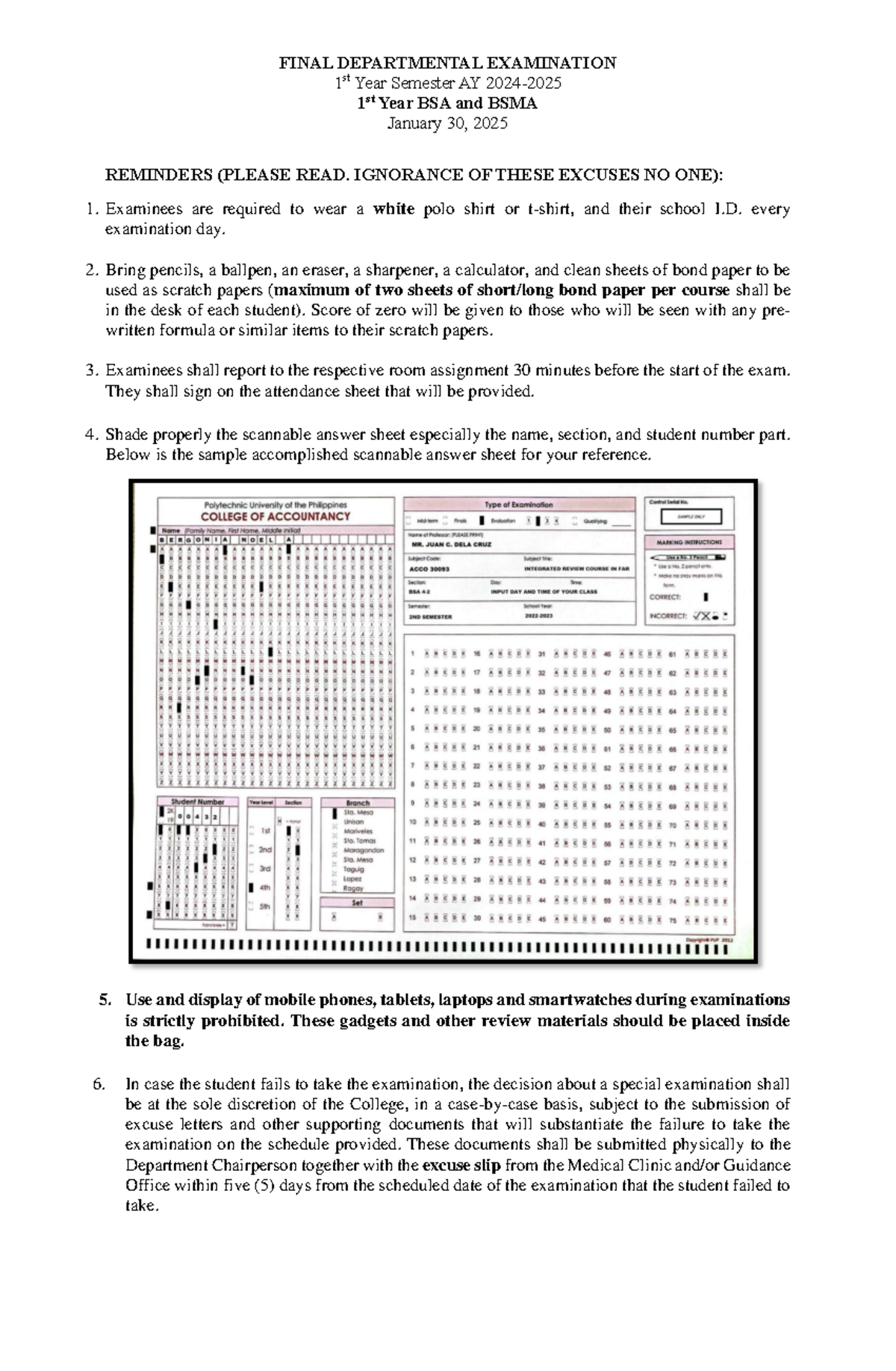 FINAL DEPARTMENTAL EXAM 1st Year BSA & BSMA Guidelines - Jan 30, 2025 ...