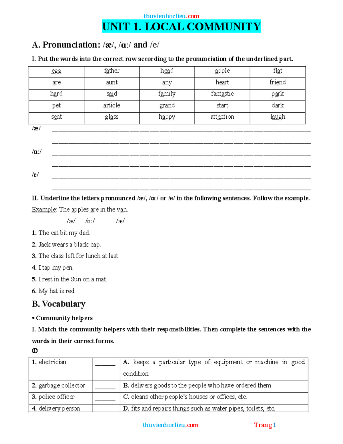 Thuvienhoclieu.com UNIT 1: Local Community - Pronunciation & Vocabulary ...
