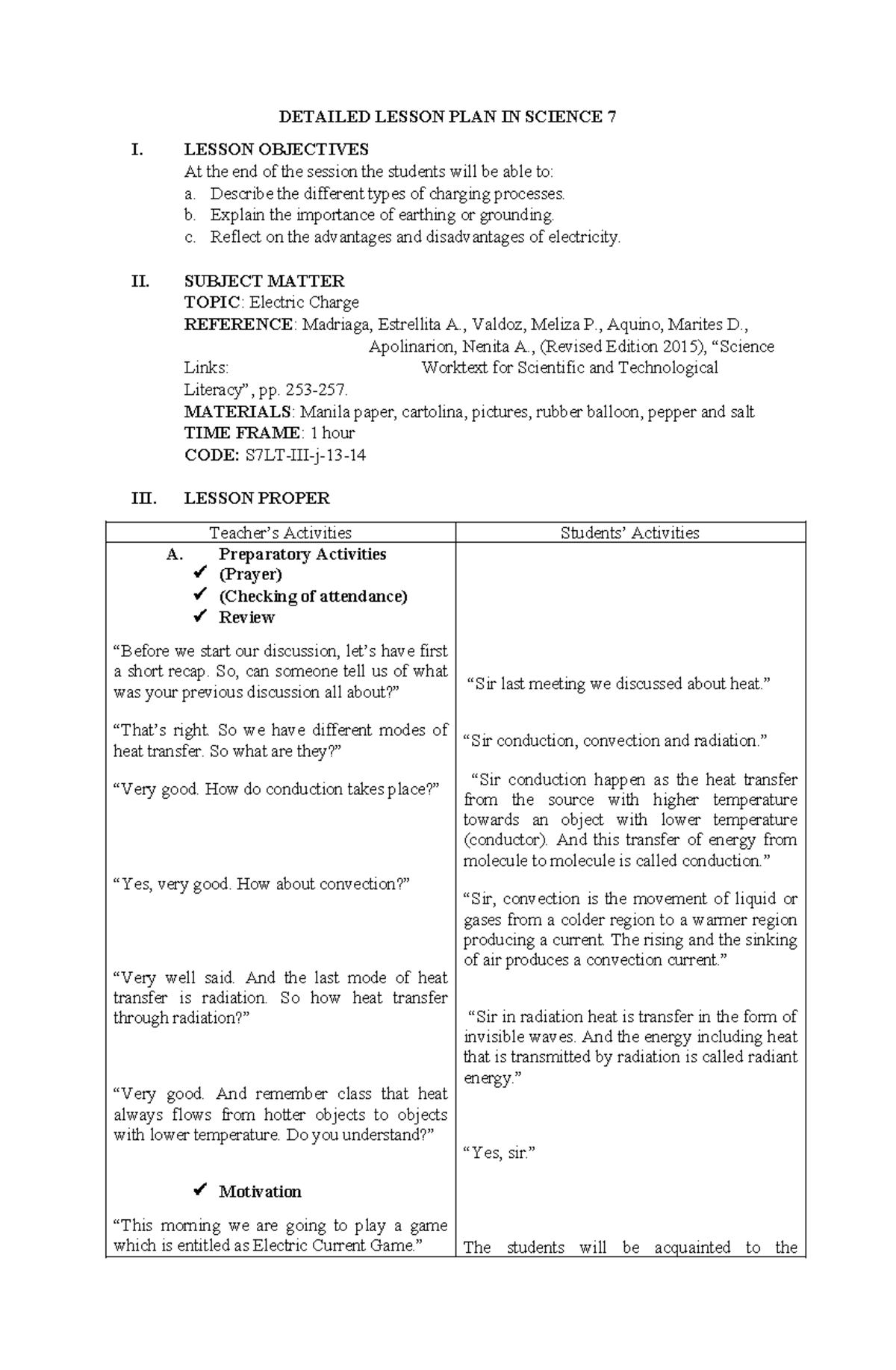 G7 Science Lesson Plan: Understanding Electric Charge and Grounding ...