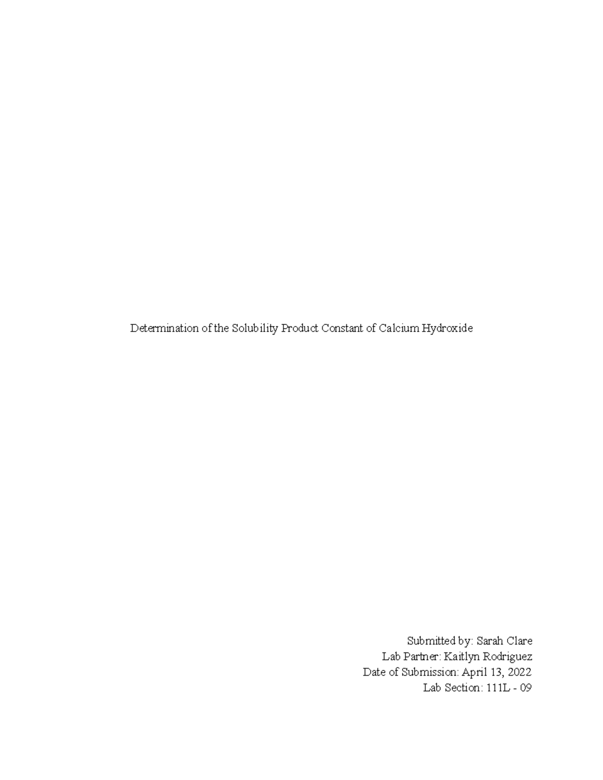 Chem Lab #9 - Determination of the Solubility Product Constant of ...