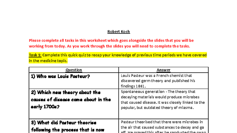 Year 10 Biology: Robert Koch and Germ Theory Worksheet - Studocu