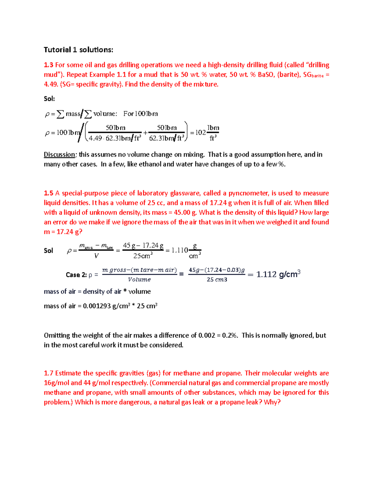 Tutorial 1 Solutions: Density Calculations & Fluid Properties - Studocu
