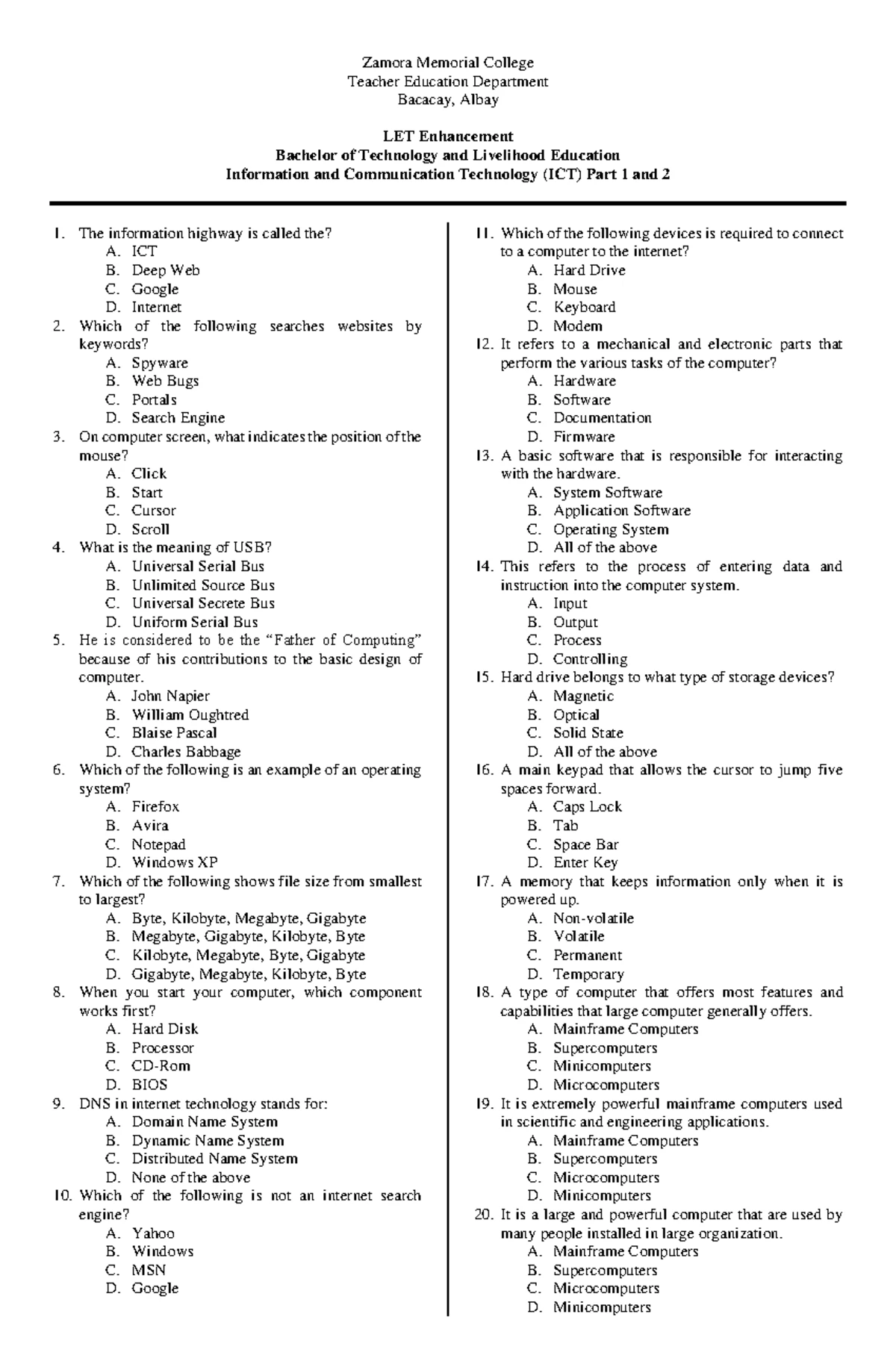 LET ICT Part 1 & 2 Comprehensive Revision Guide - Studocu