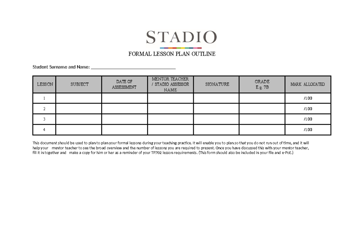 TP702 Formal Lesson Plan Outline and Template for Teaching Practice ...