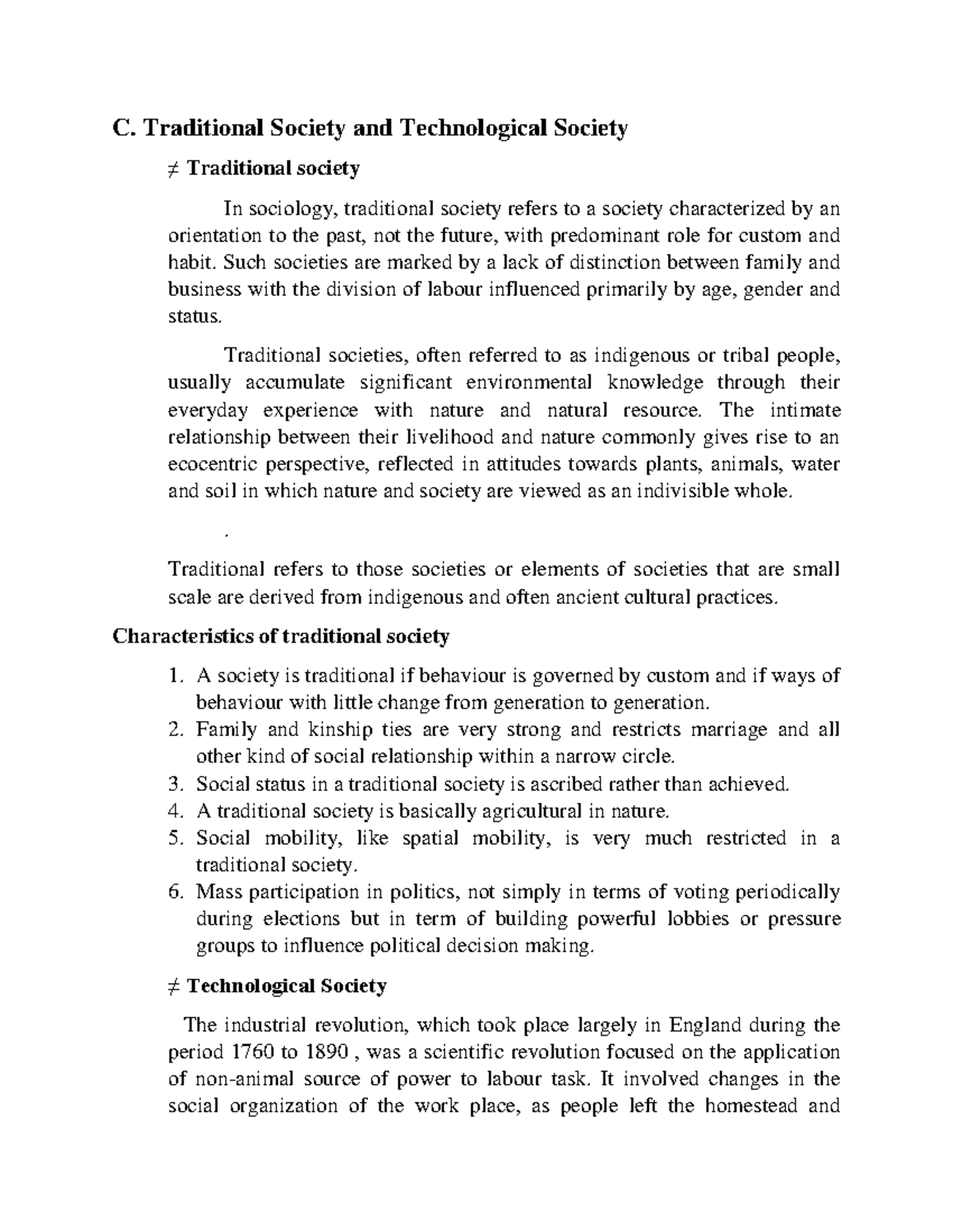 Traditional society and Technological Society - C. Traditional Society ...