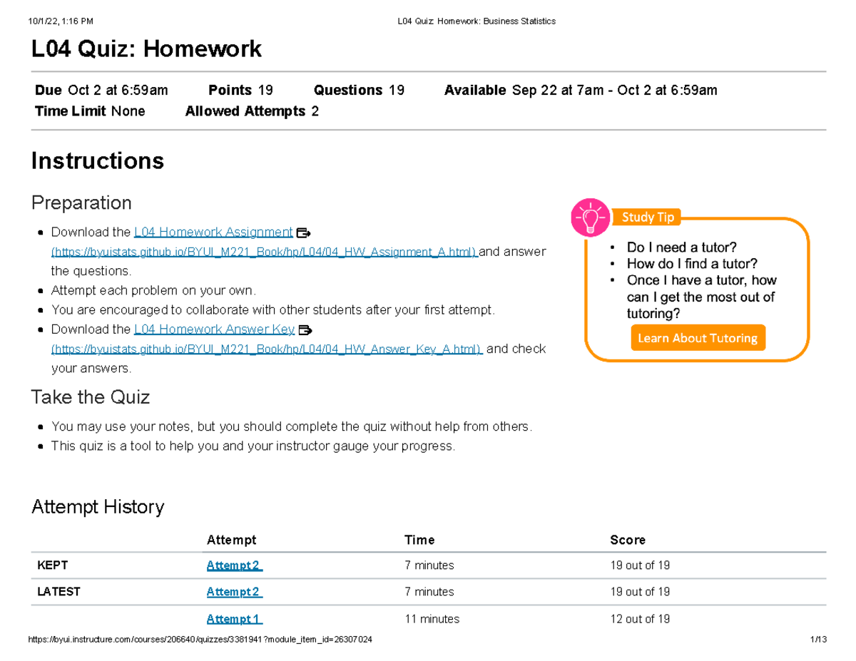 L04 Quiz: Business Statistics Homework Assessment Insights - Studocu