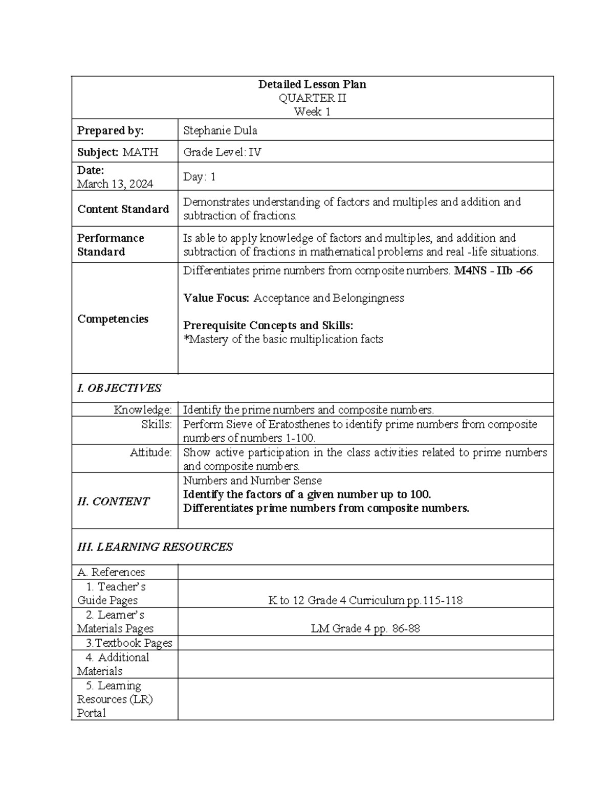 MATH IV Detailed Lesson Plan on Prime and Composite Numbers - Studocu