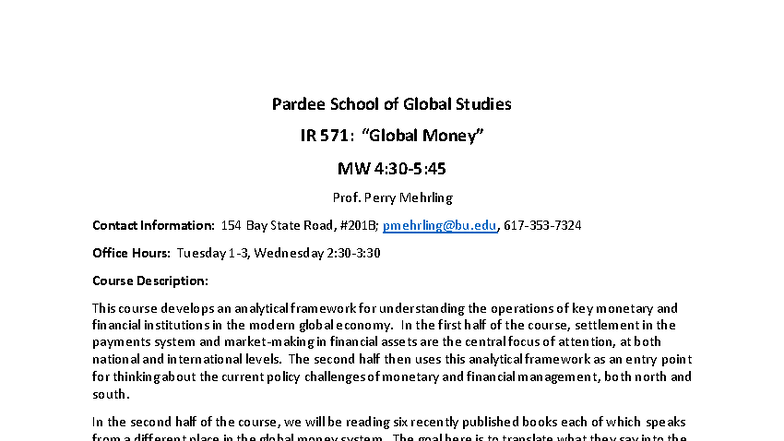IR 571: Global Money Dynamics - Lecture Notes by Prof. Perry Mehrling ...
