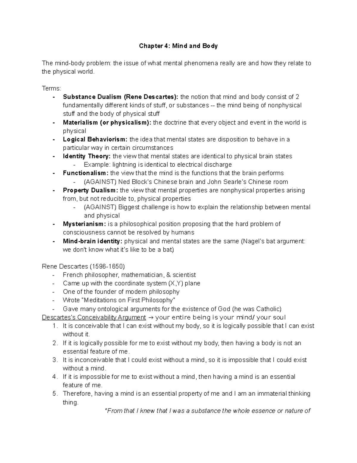 Chapter 4: Exploring the Mind-Body Relationship in Philosophy - Studocu