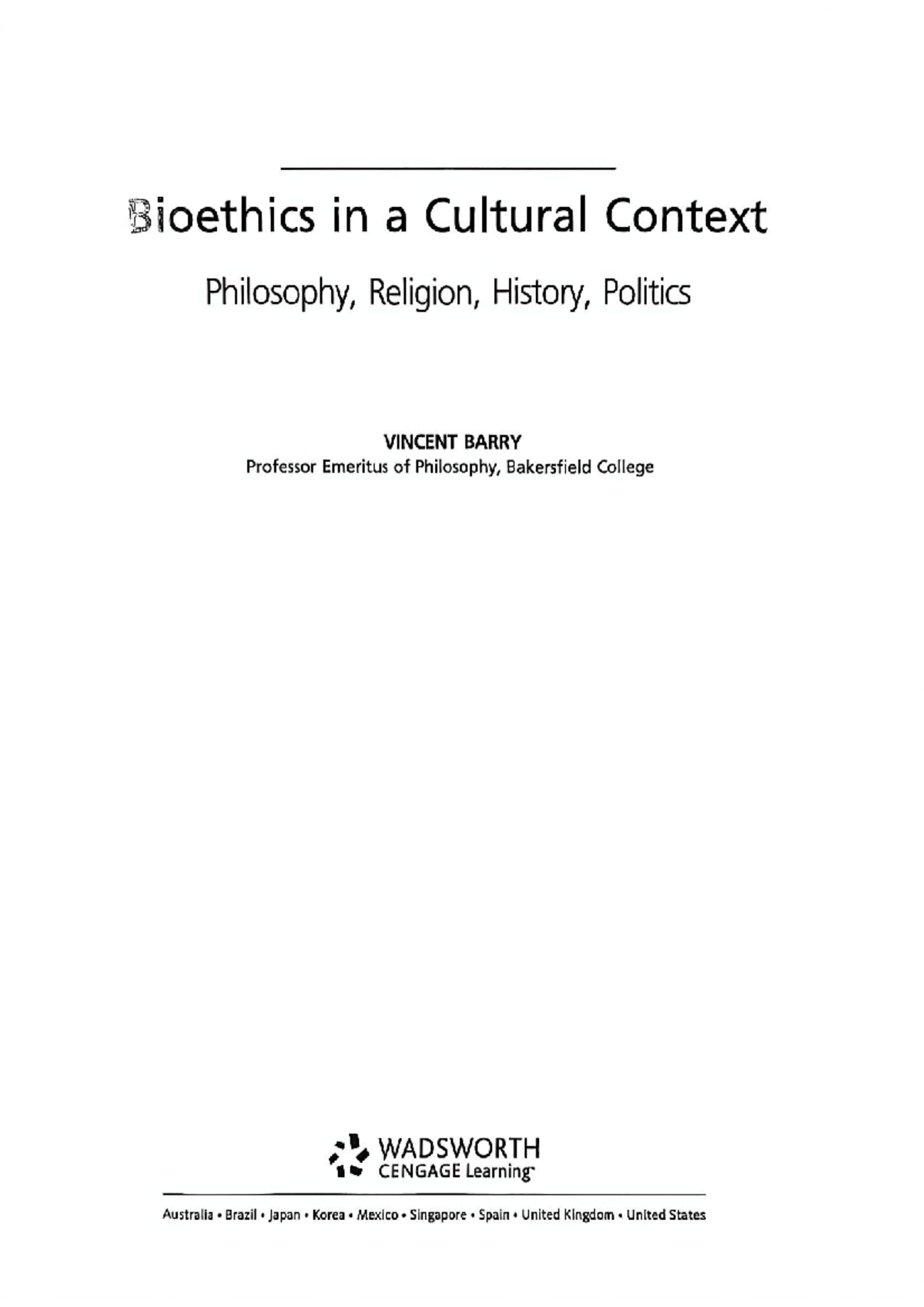 Bioethics Across Cultures: Insights from VINCENT BARRY's Work - Studocu
